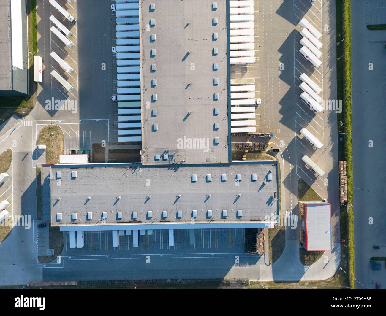 Aerial view of goods warehouse. Logistics center in industrial city ...