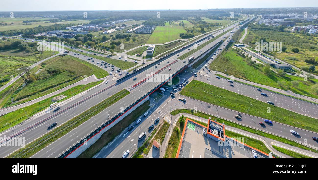 Aerial top view of highway junction interchange road. Drone view of the ...
