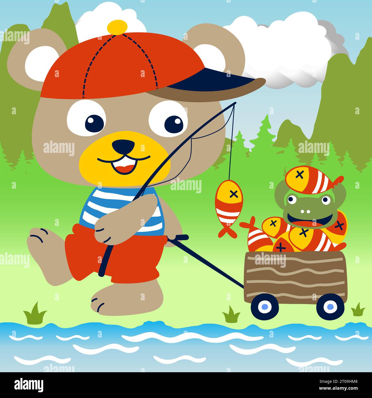 Little bear pulling fishes and frog on cart, back from fishing in river ...