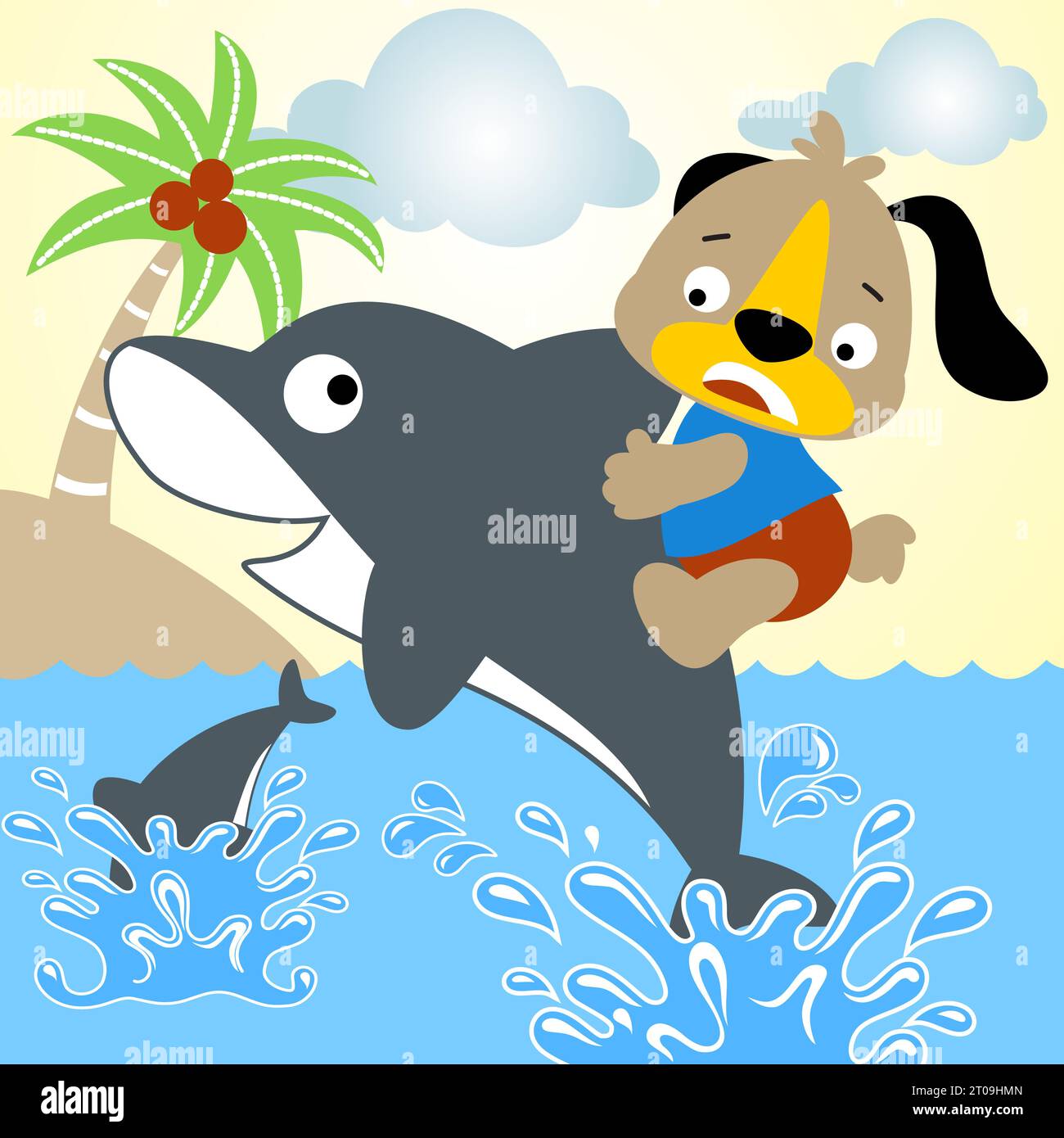 Little puppy ride on dolphin in the beach, vector cartoon illustration ...