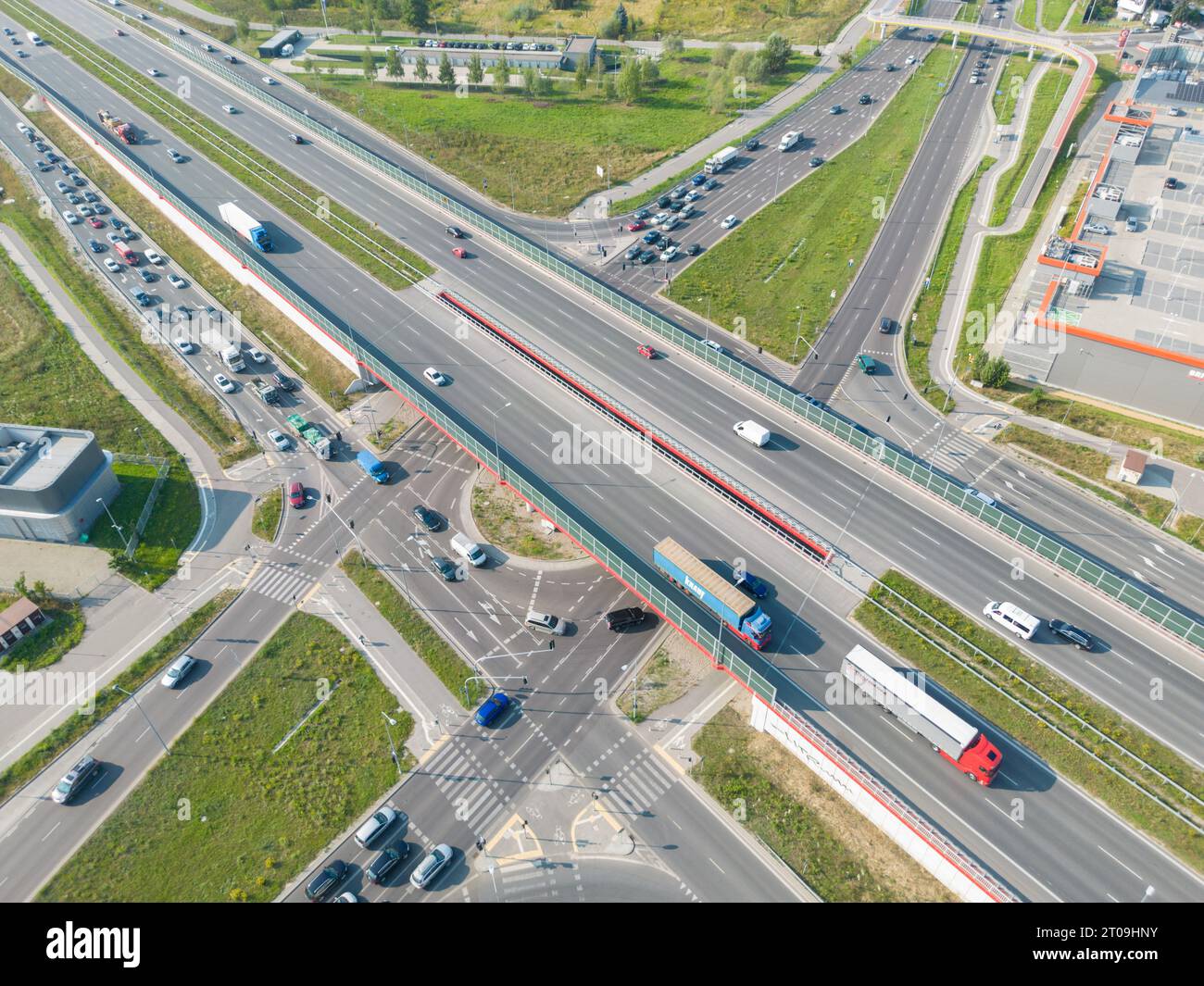 Aerial top view of highway junction interchange road. Drone view of the ...