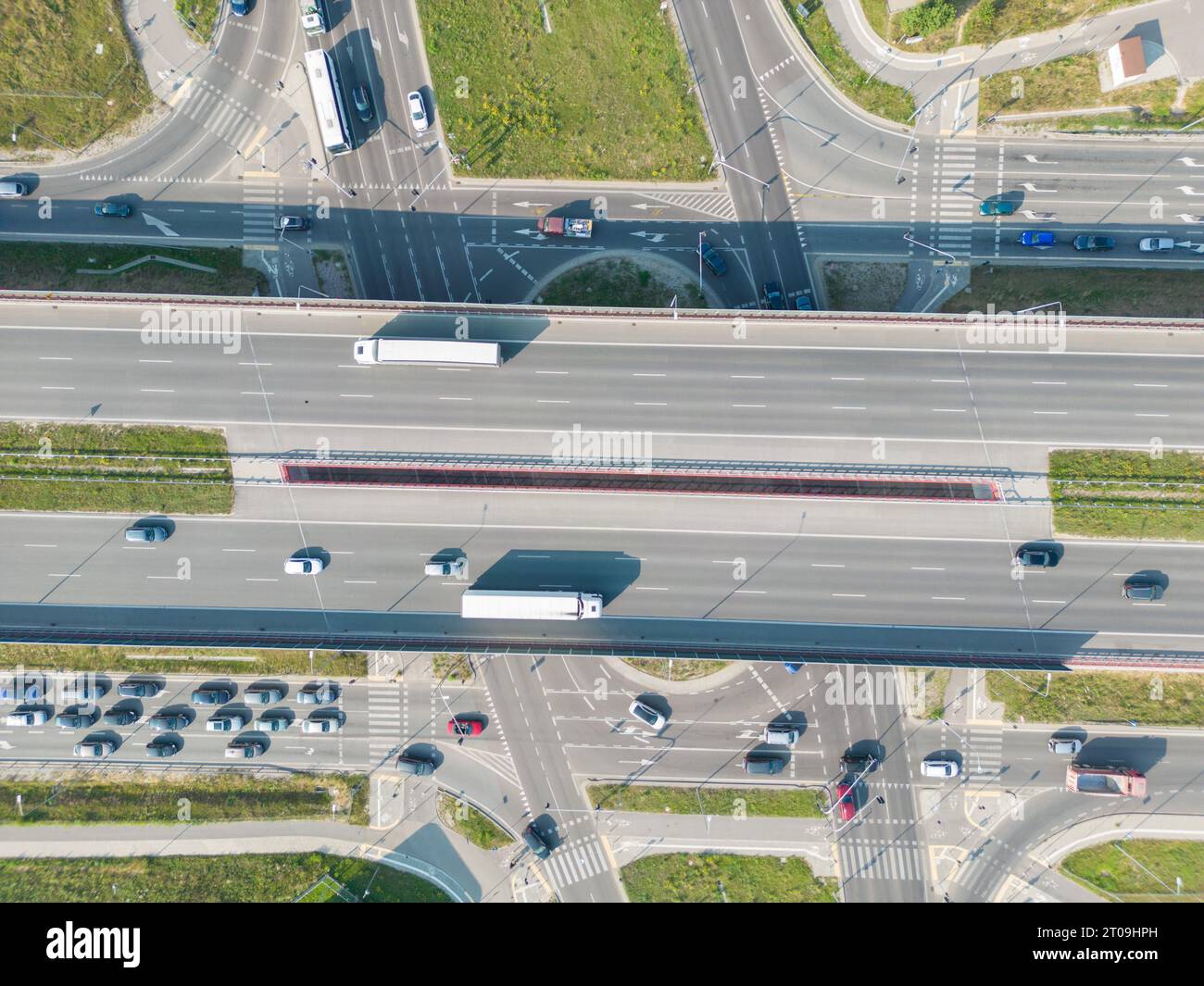 Aerial top view of highway junction interchange road. Drone view of the ...