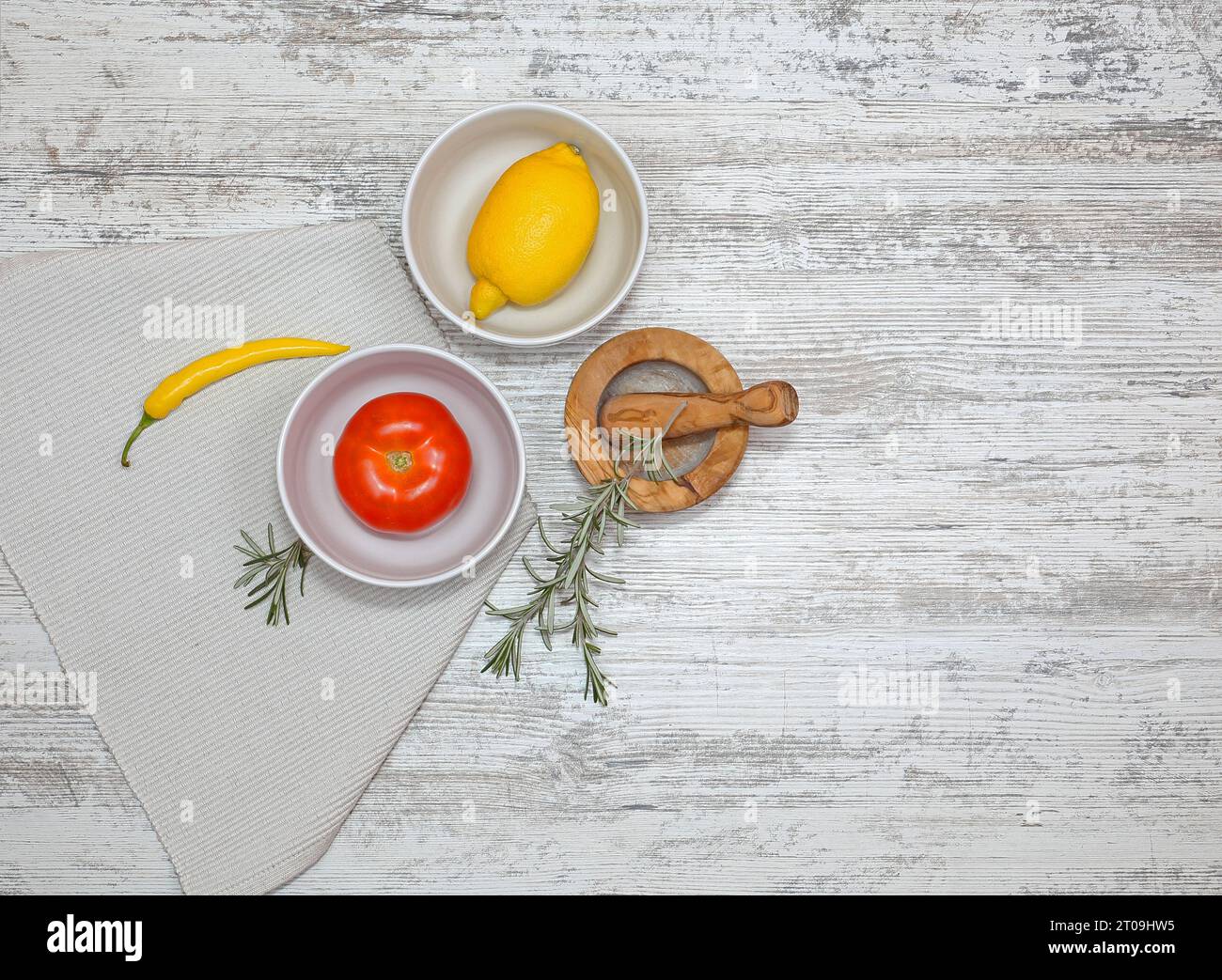 Food Theme Tabletop Lemon Tomato Chilli Pepper Rosemary Sprig Mortar ...