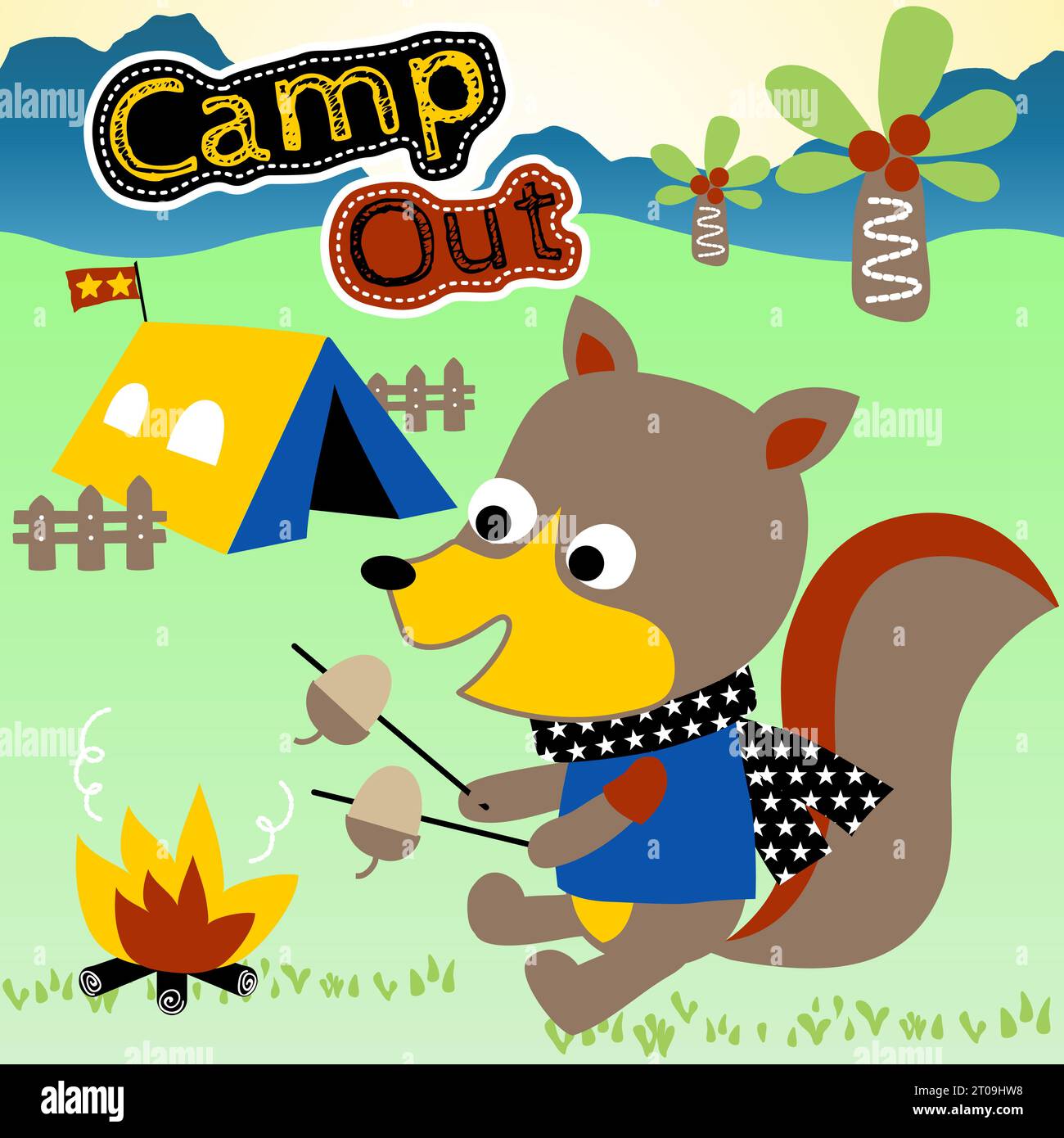 Funny fox roasting hazelnut in camping ground , vector cartoon ...