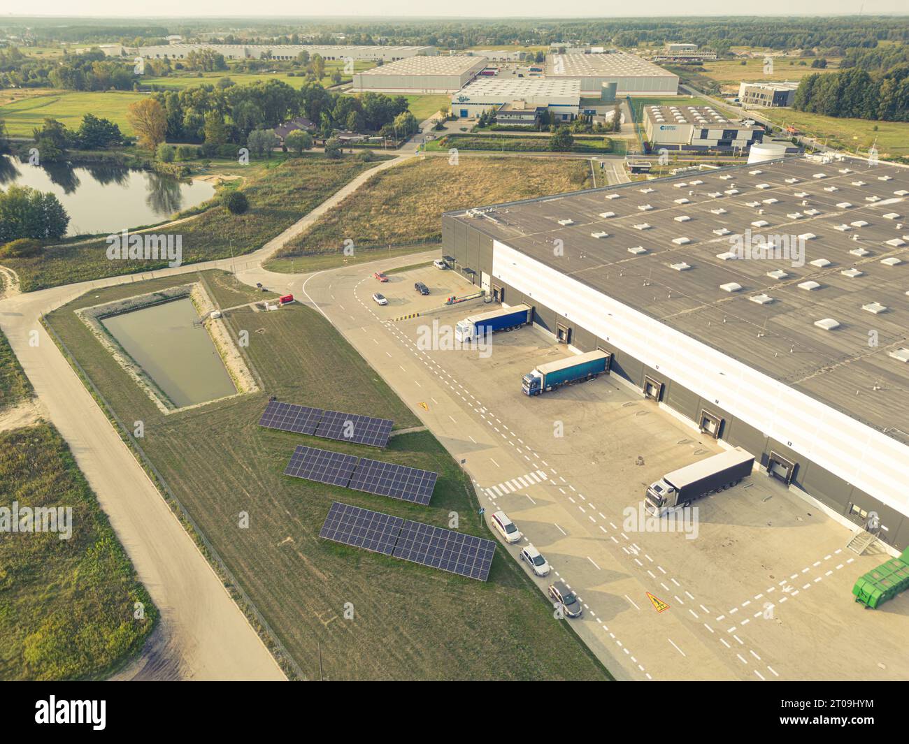 Aerial view of goods warehouse. Logistics center delivery in industrial ...