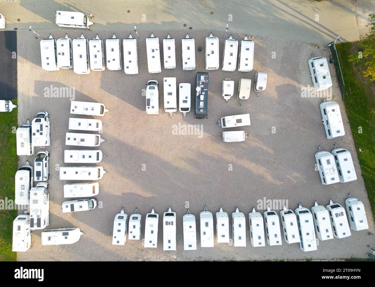 Aerial photo of a caravan storage yard showing rows of caravans Stock ...