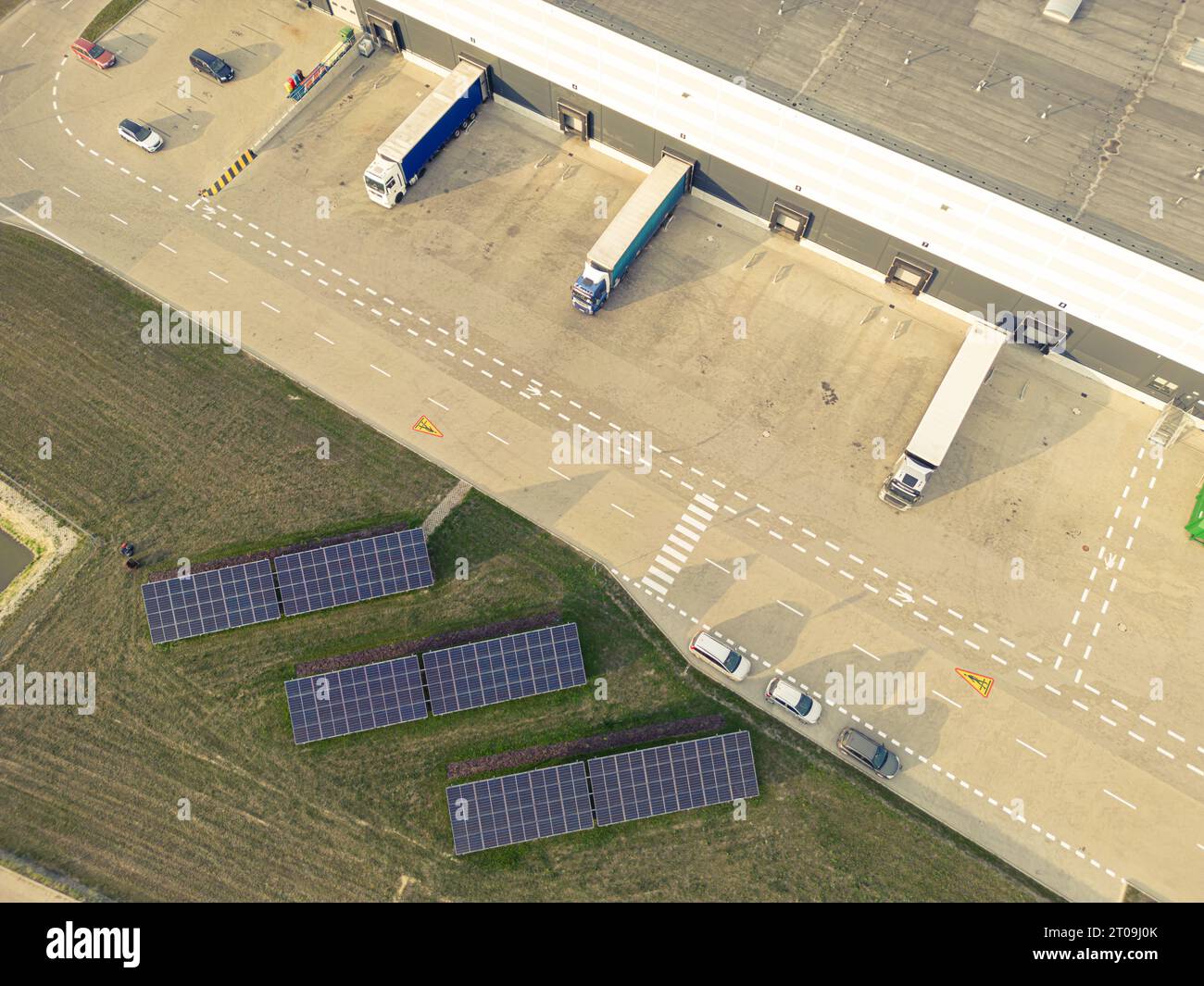 Aerial view of goods warehouse. Logistics center delivery in industrial ...