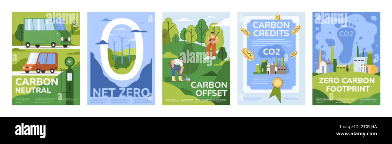 Set of brochure or poster of net zero emissions, carbon neutral or renewable energy. Sustainable ...
