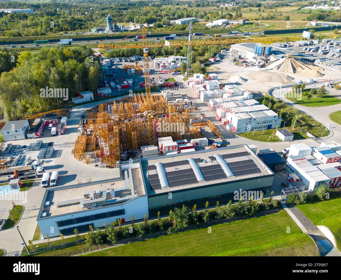 Aerial view of the logistics park with warehouse, loading hub and many ...