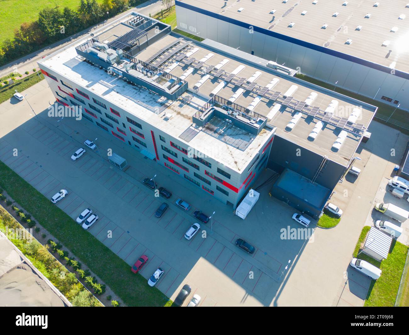 Logistics park with warehouse. Semi-trailers trucks standing on car ...