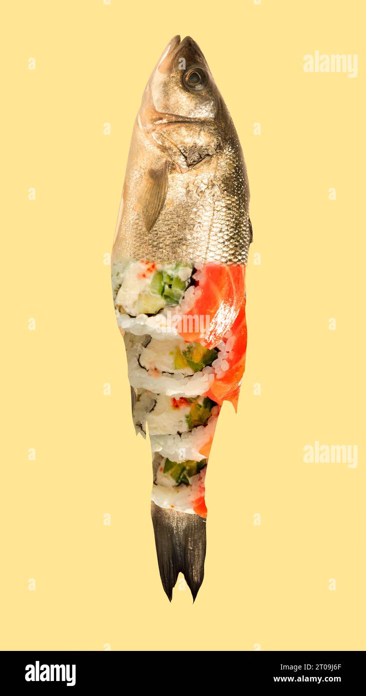 Creative dinner. Sushi inside fish over yellow background. Seafood ...