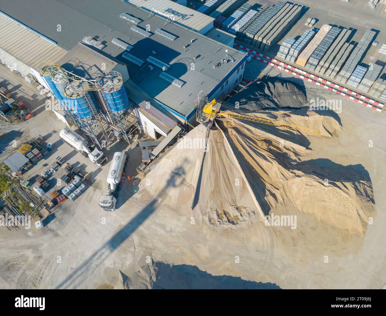 Aerial view of the logistics park with warehouse, loading hub and many ...