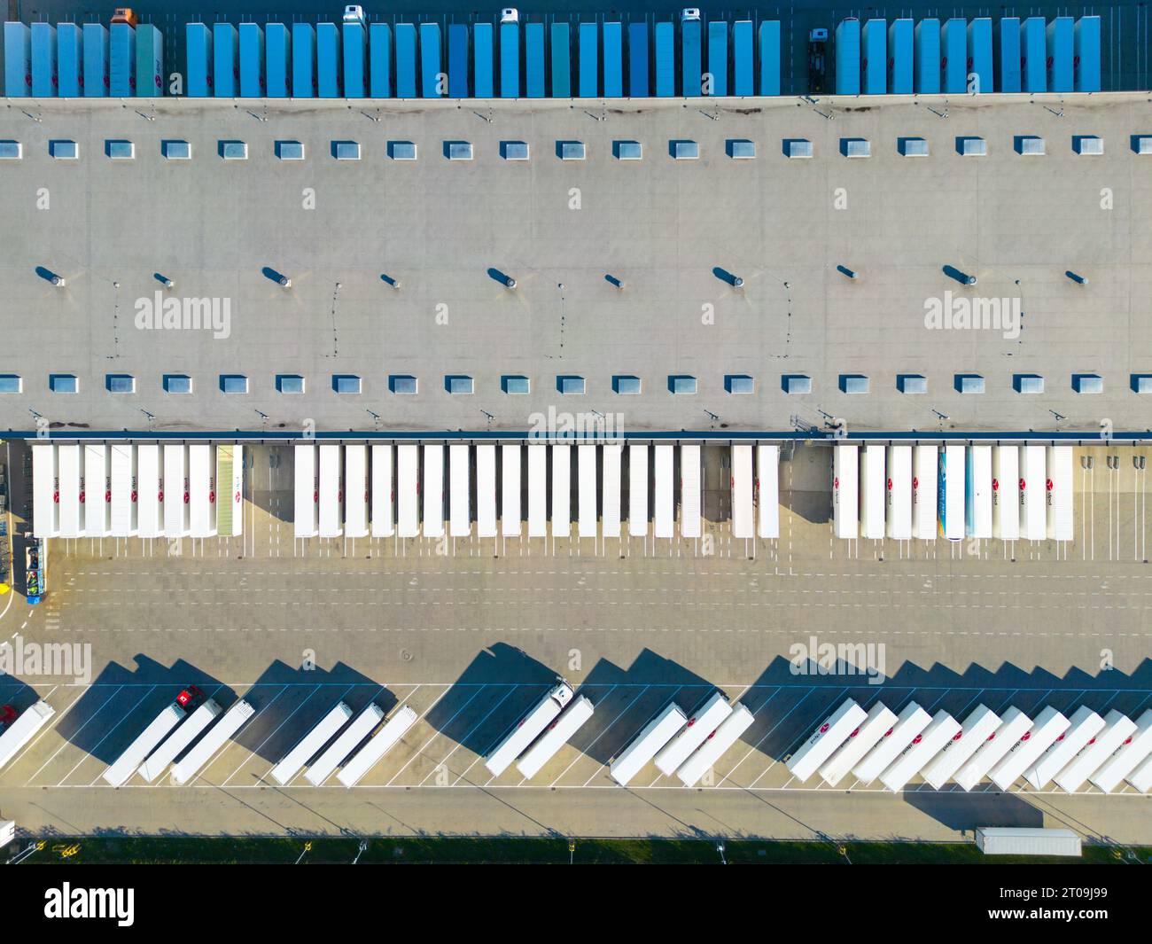 Aerial view of the logistics park with warehouse, loading hub and many ...
