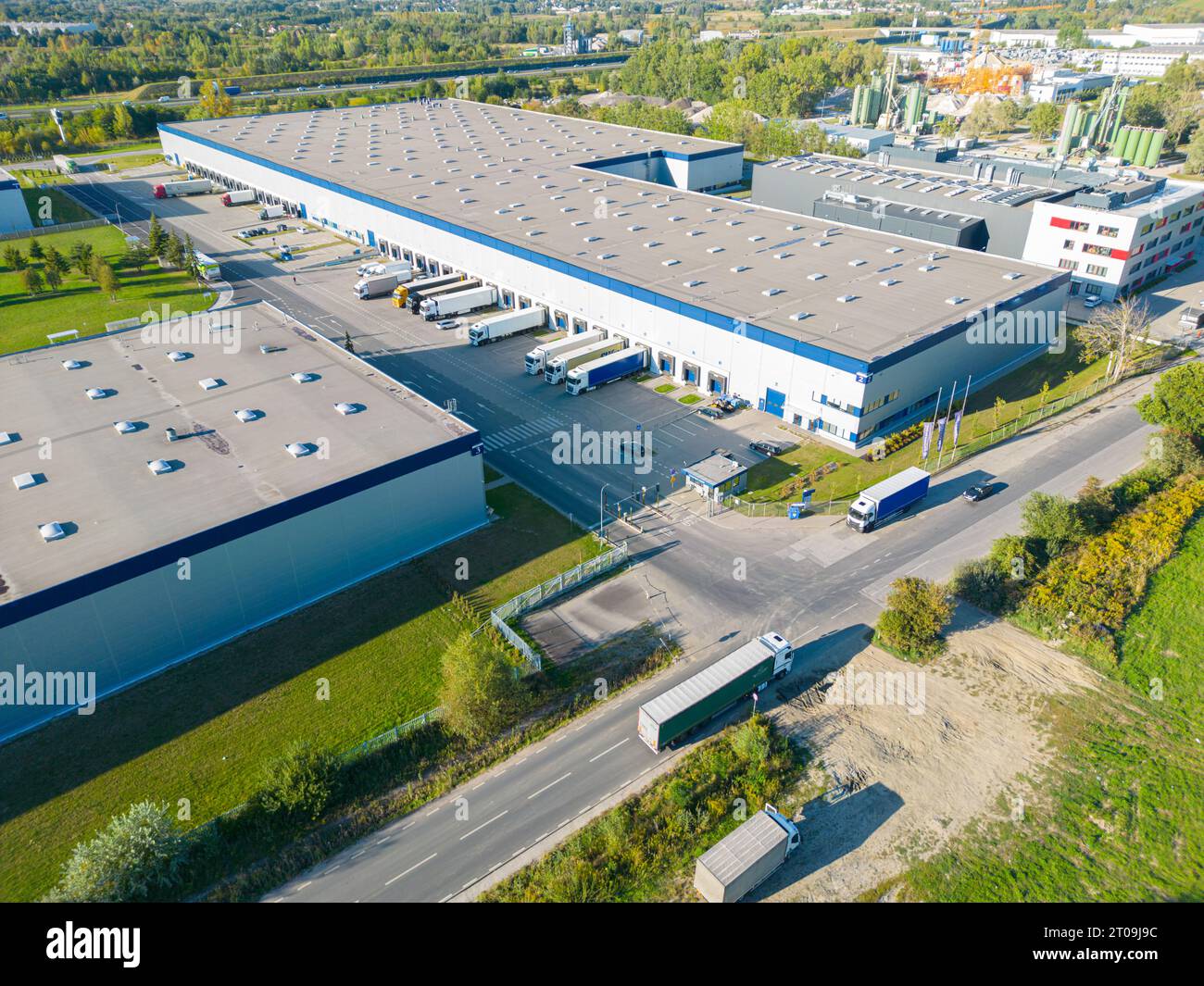 Aerial view of goods warehouse. Logistics center in industrial city ...