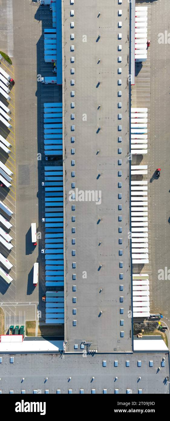 Aerial view of the logistics park with warehouse, loading hub and many ...