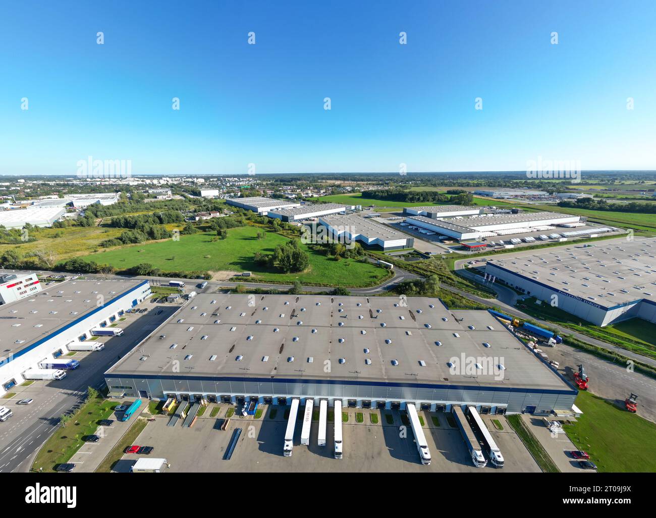 Aerial view of goods warehouse. Logistics center in industrial city ...