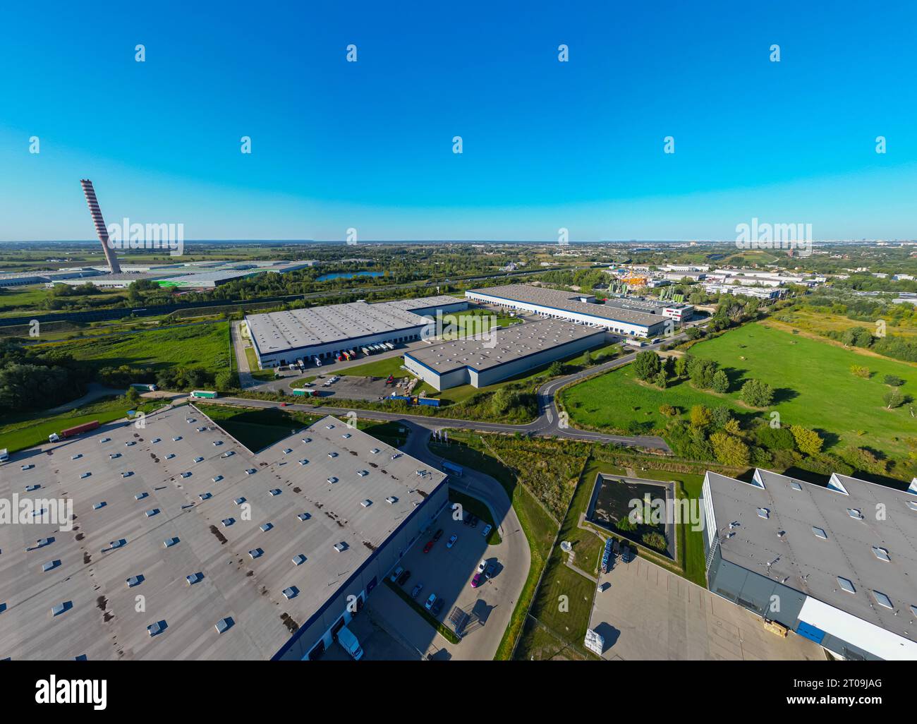 Aerial view of the logistics park with warehouse, loading hub and many ...