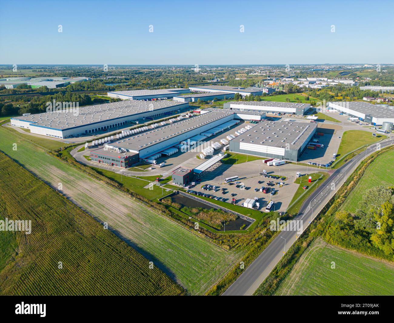 Aerial view of the logistics park with warehouse, loading hub and many ...