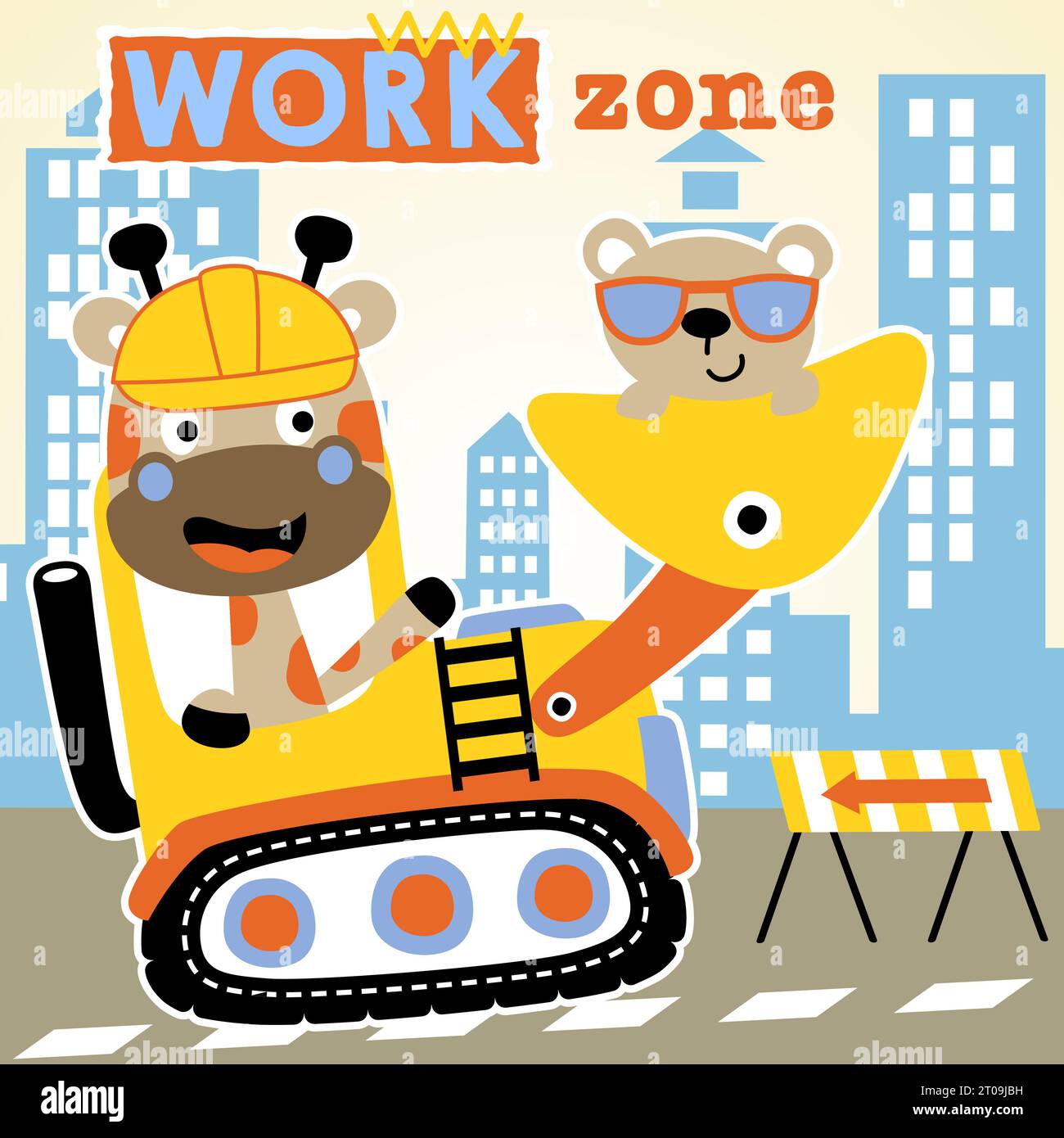 Cute bear with giraffe on construction vehicle on buildings background ...