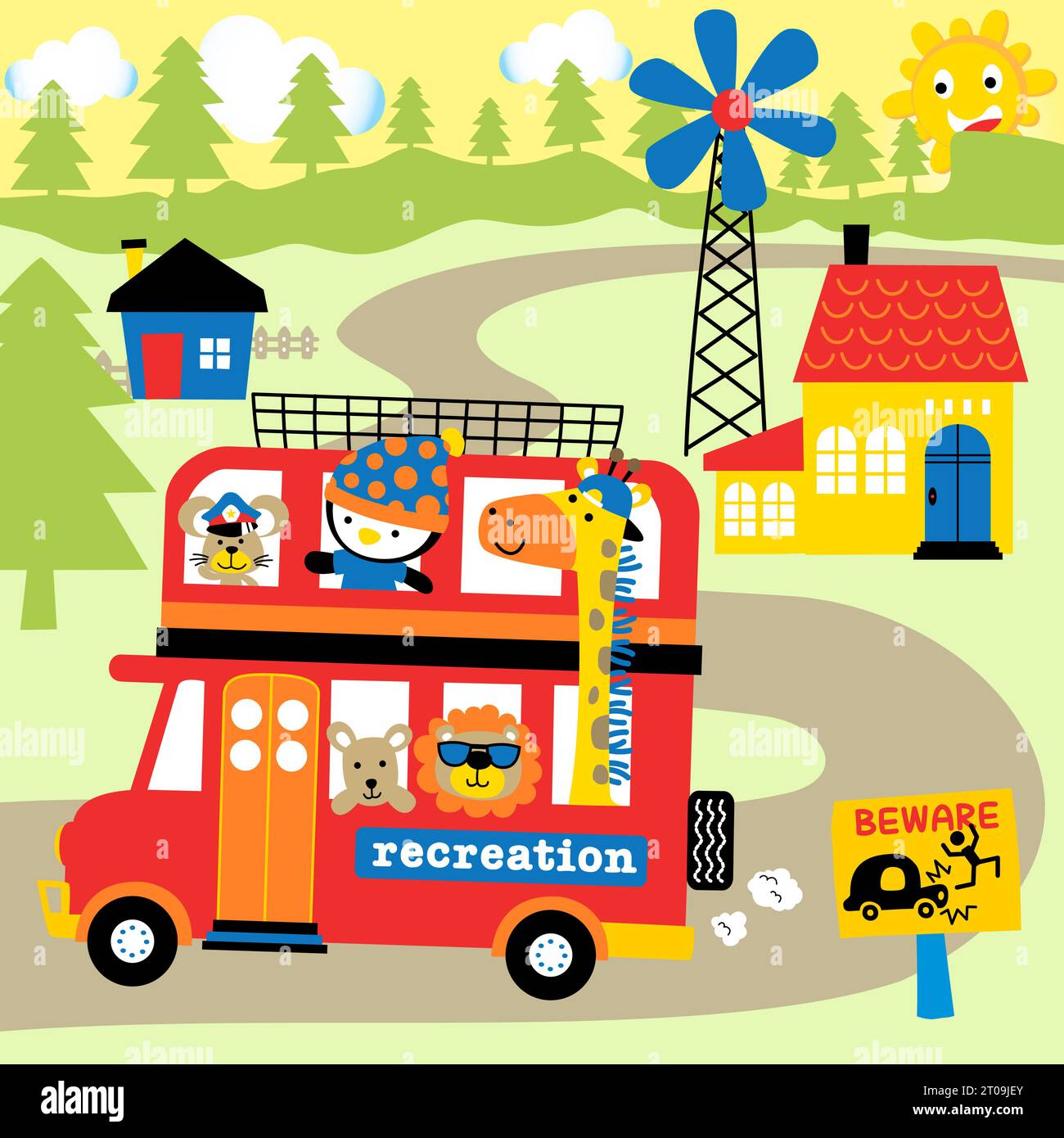 Funny animals on red bus, rural scene with smiling sun, vector cartoon ...