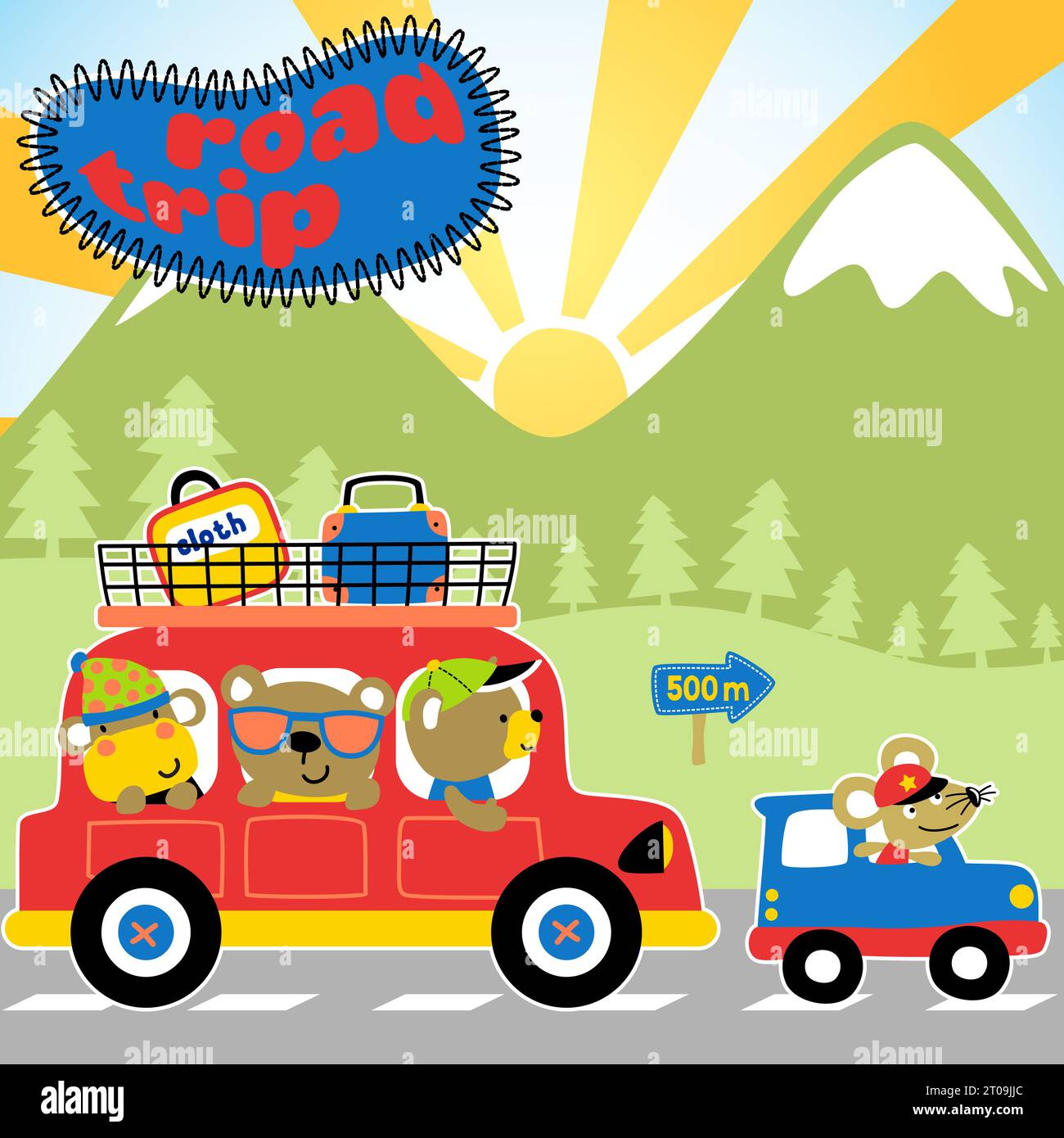 Funny animals on car, road trip vacation, mountain scene on sunrise ...