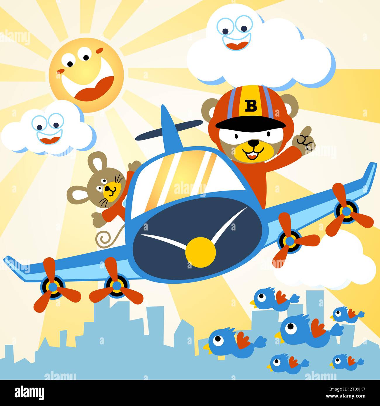 Vector cartoon of funny bear and mice on airplane, group of birds ...