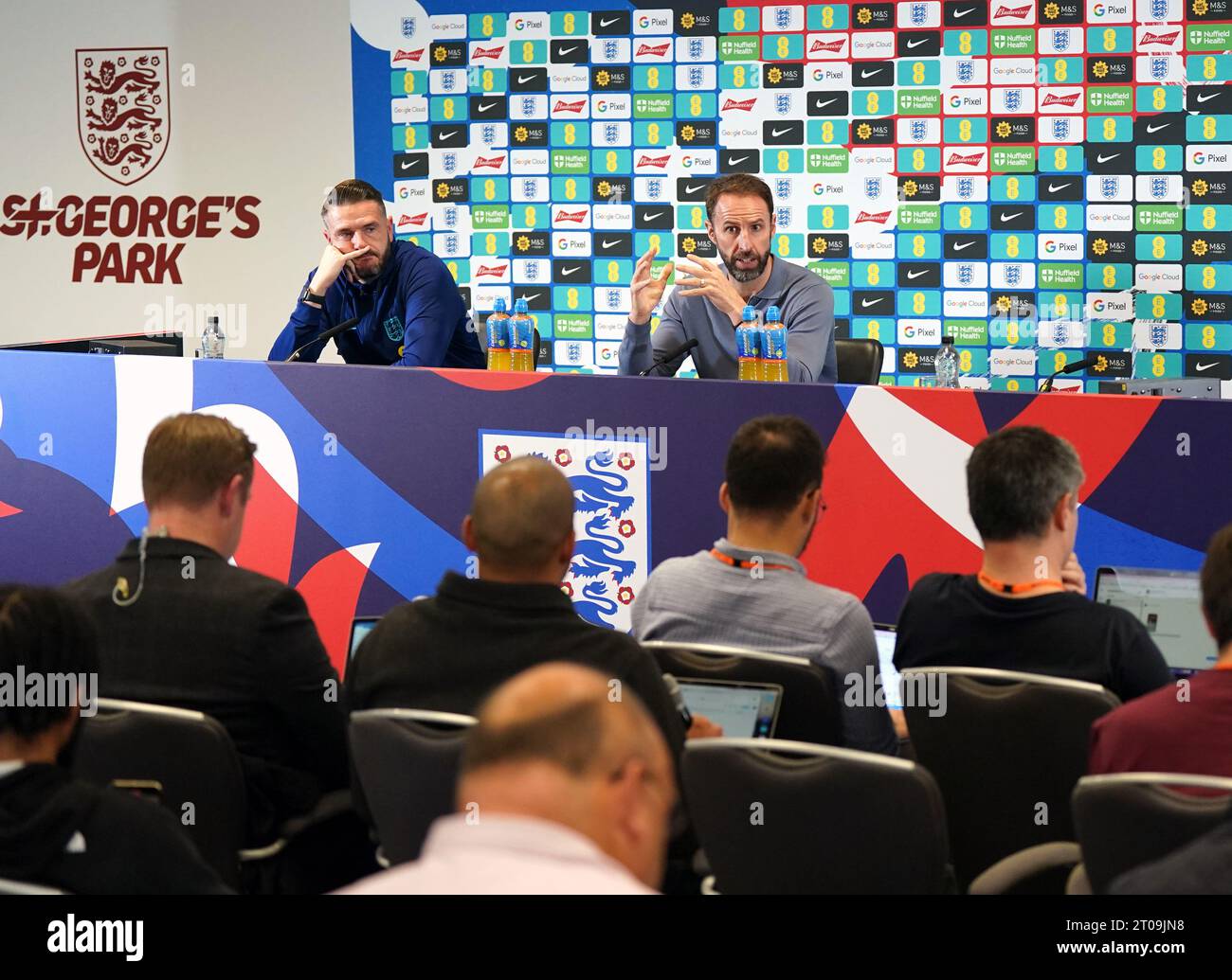 England manager Gareth Southgate (right) during a press conference at ...