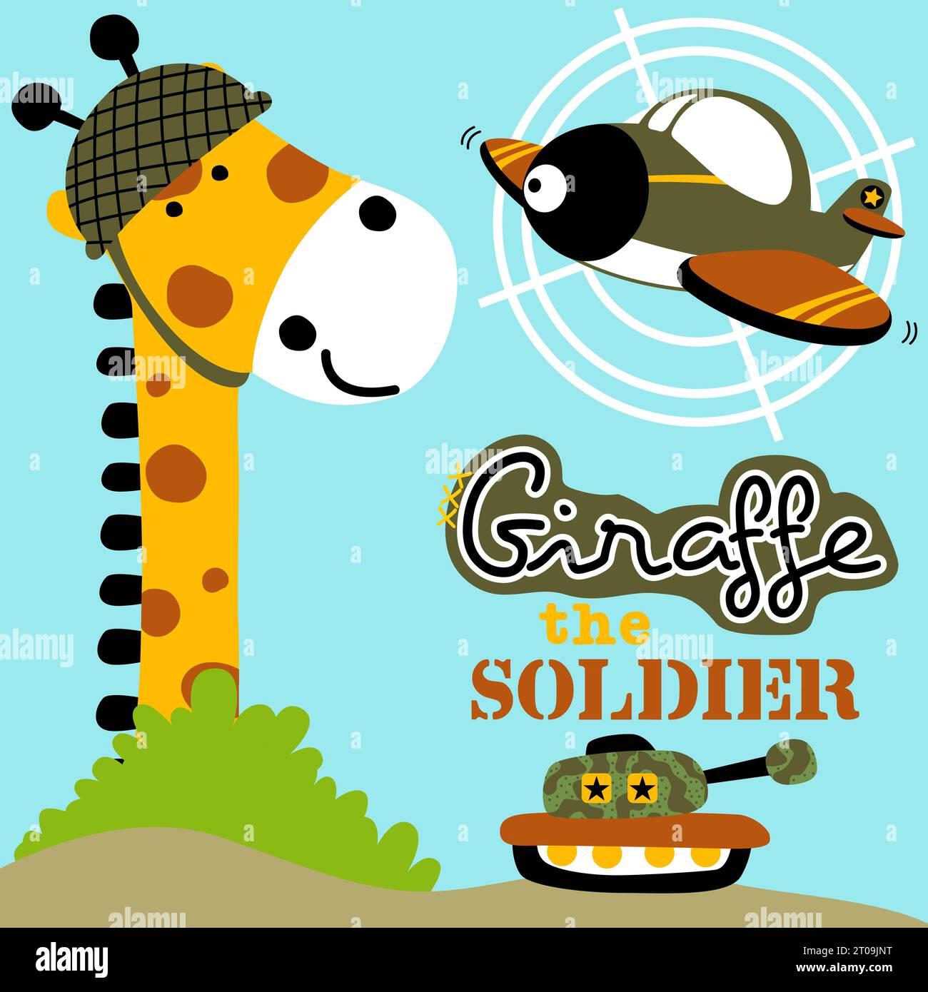 Funny giraffe wearing military helmet with military vehicle, vector ...