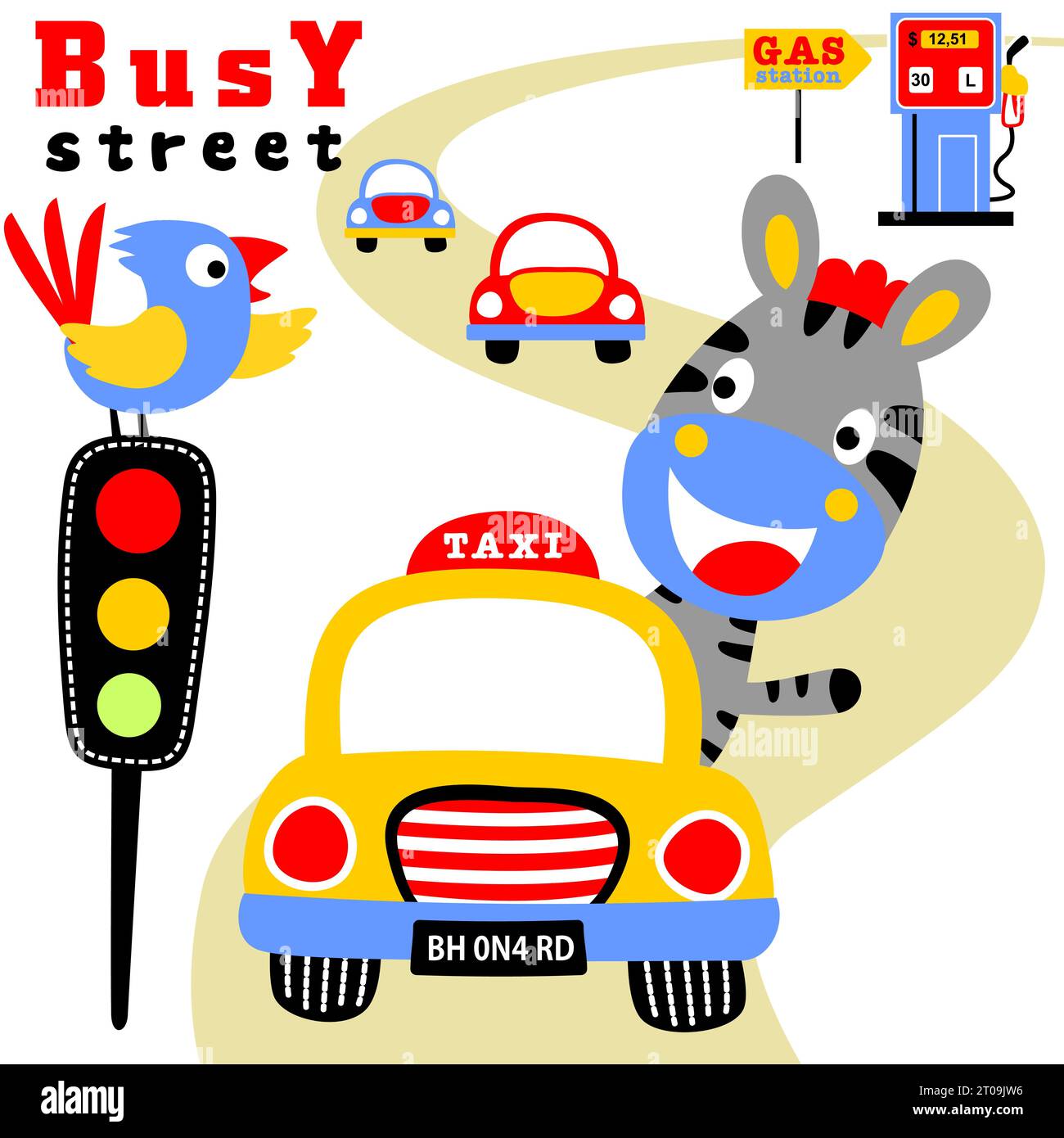Funny zebra driving a car, bird on stoplight, traffic elements, vector ...