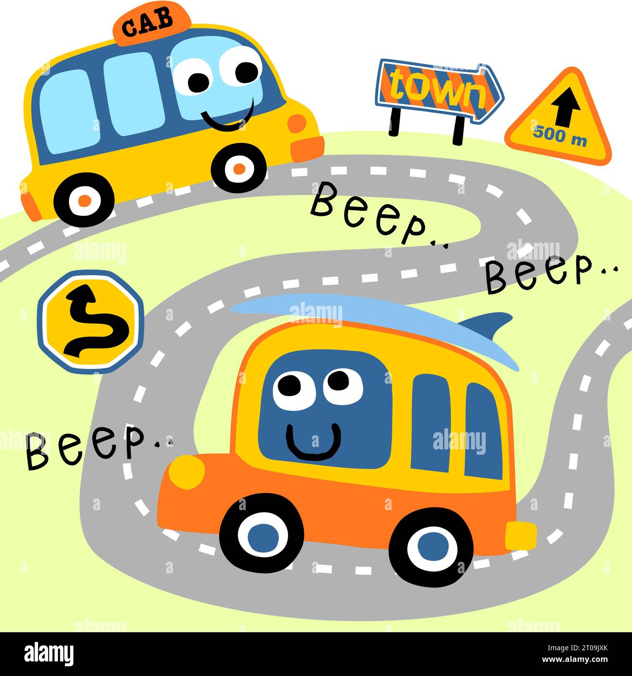 Smiling cars on street with traffic signs, vector cartoon illustration ...