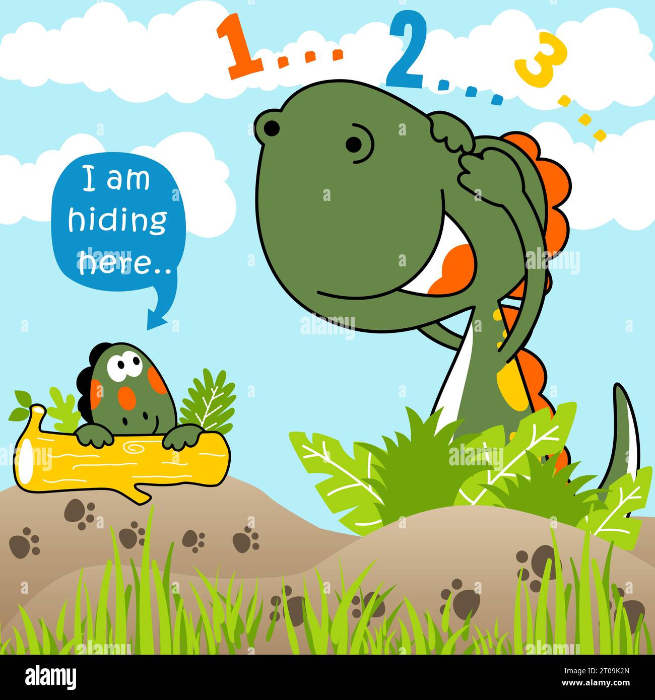 Funny dinosaurs playing hide and seek in forest, vector cartoon ...