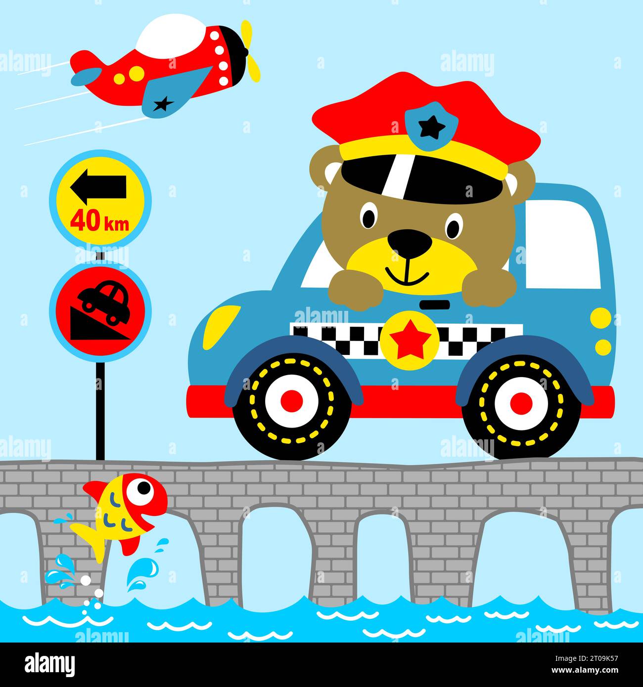 Funny bear police car with road sign on bridge, airplane take off ...