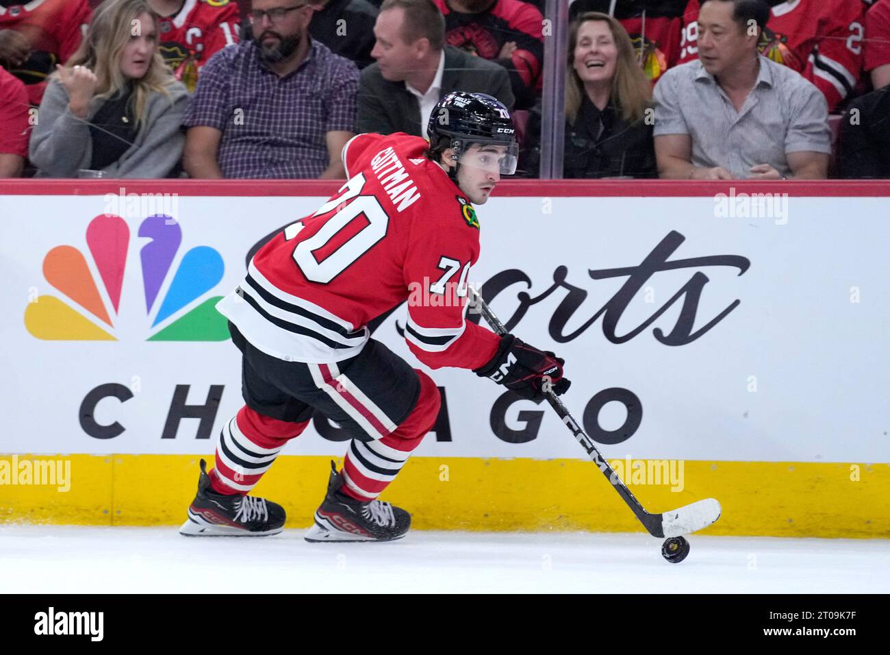 Chicago Blackhawks center Cole Guttman handles the puck during the ...
