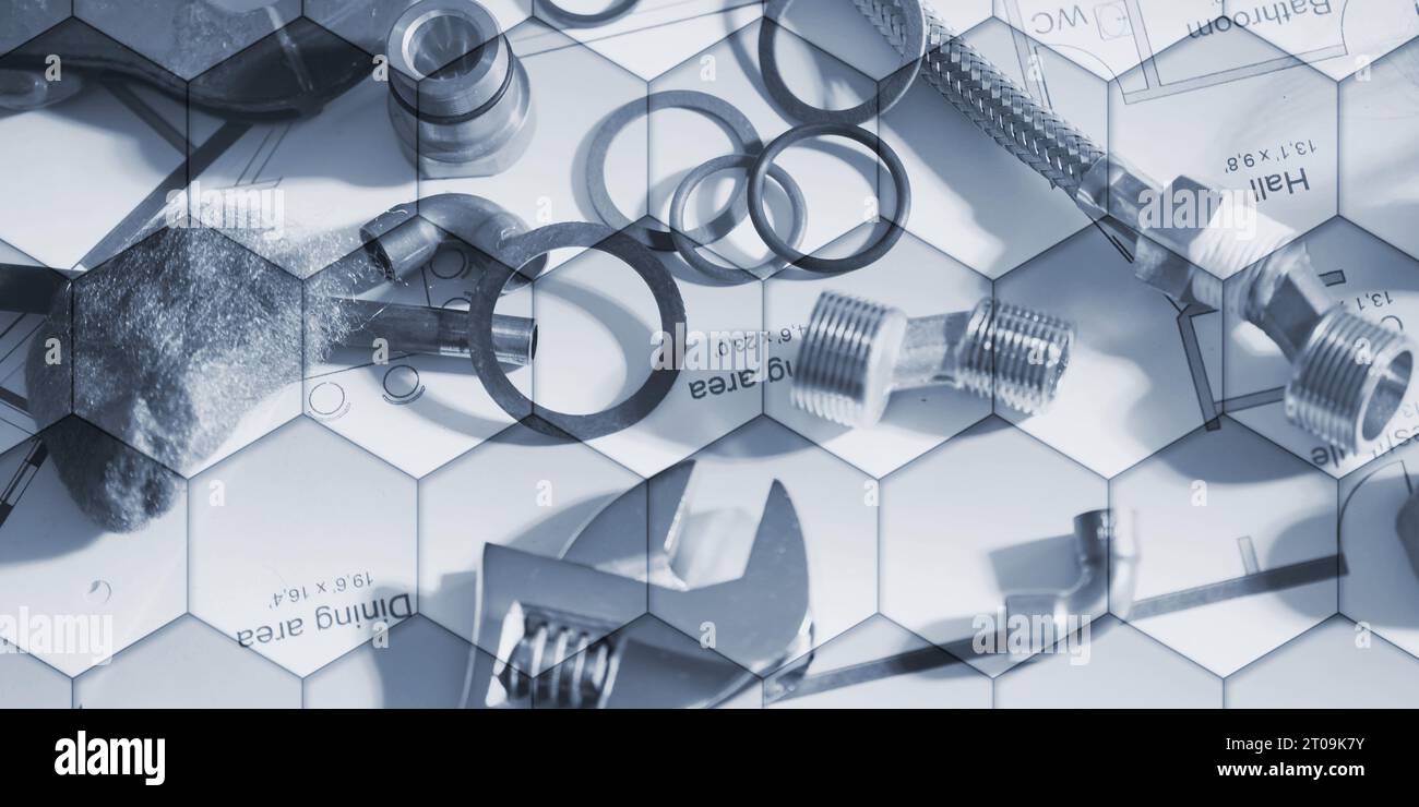 Plumbing equipment on a blueprint, geometric pattern Stock Photo - Alamy