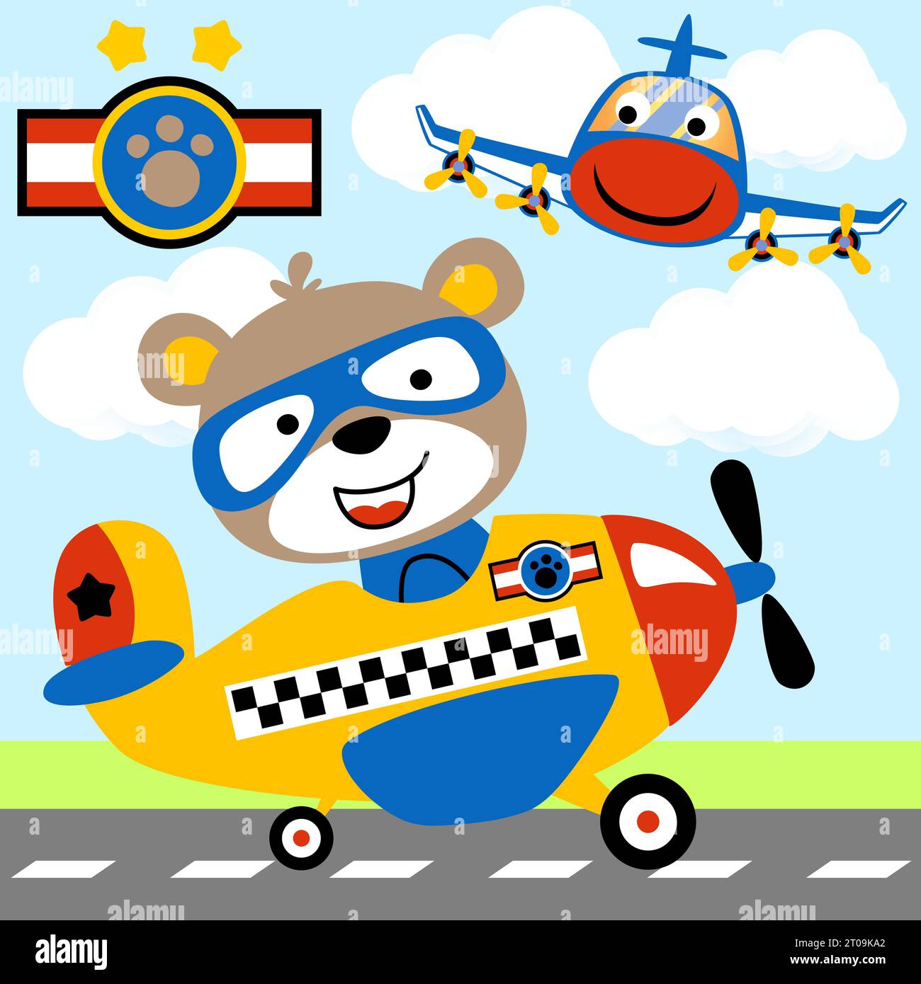 Cute bear on airplane, smiling plane flying, airport runway, vector ...