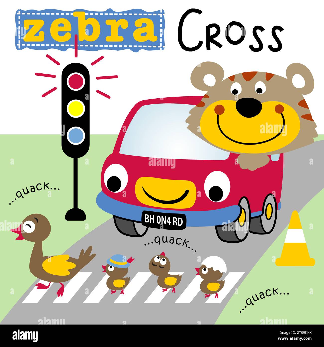Cute tiger on funny car, duck family crossing road at stoplight on ...