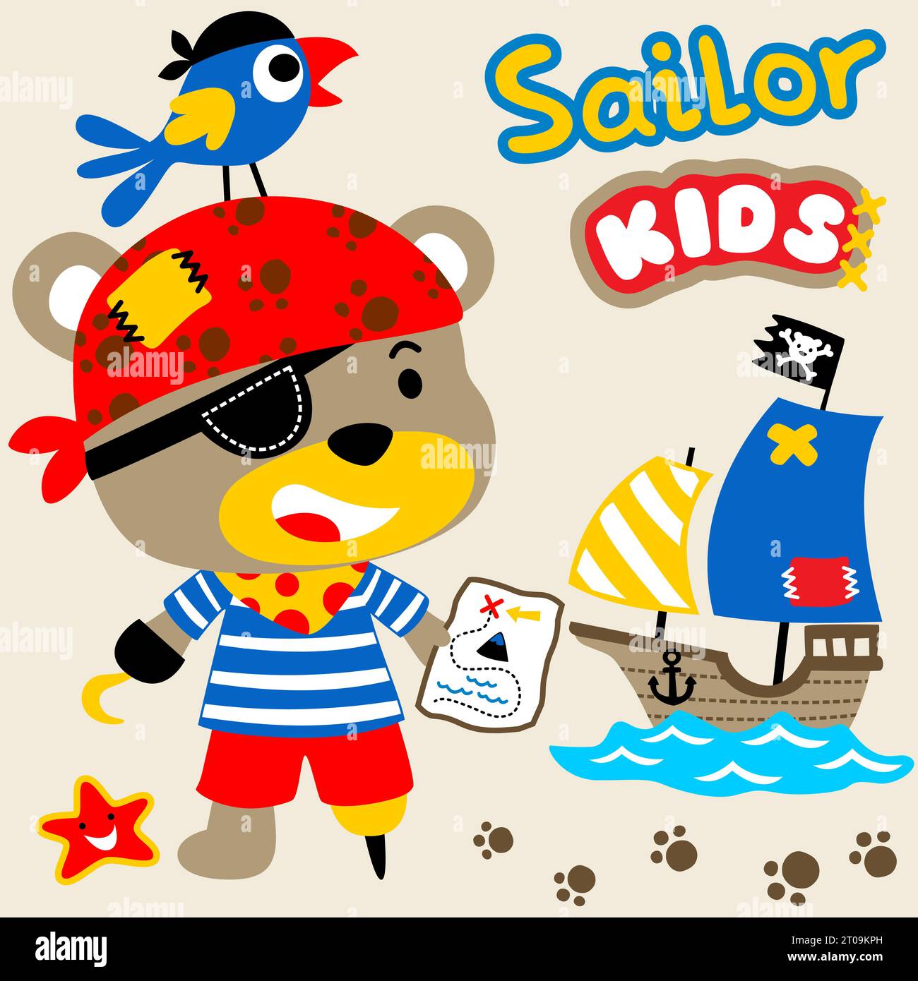 Cute bear and parrot in pirate costume with sailboat, pirate sailing ...