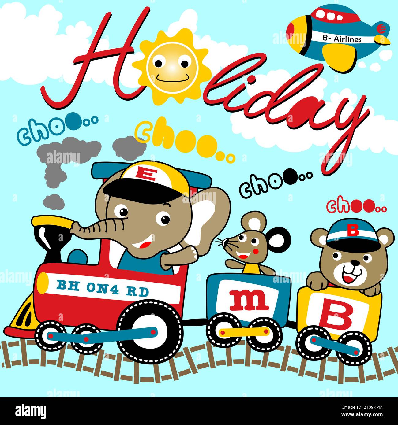 Funny animals on steam train with smiling sun, airplane flying on ...