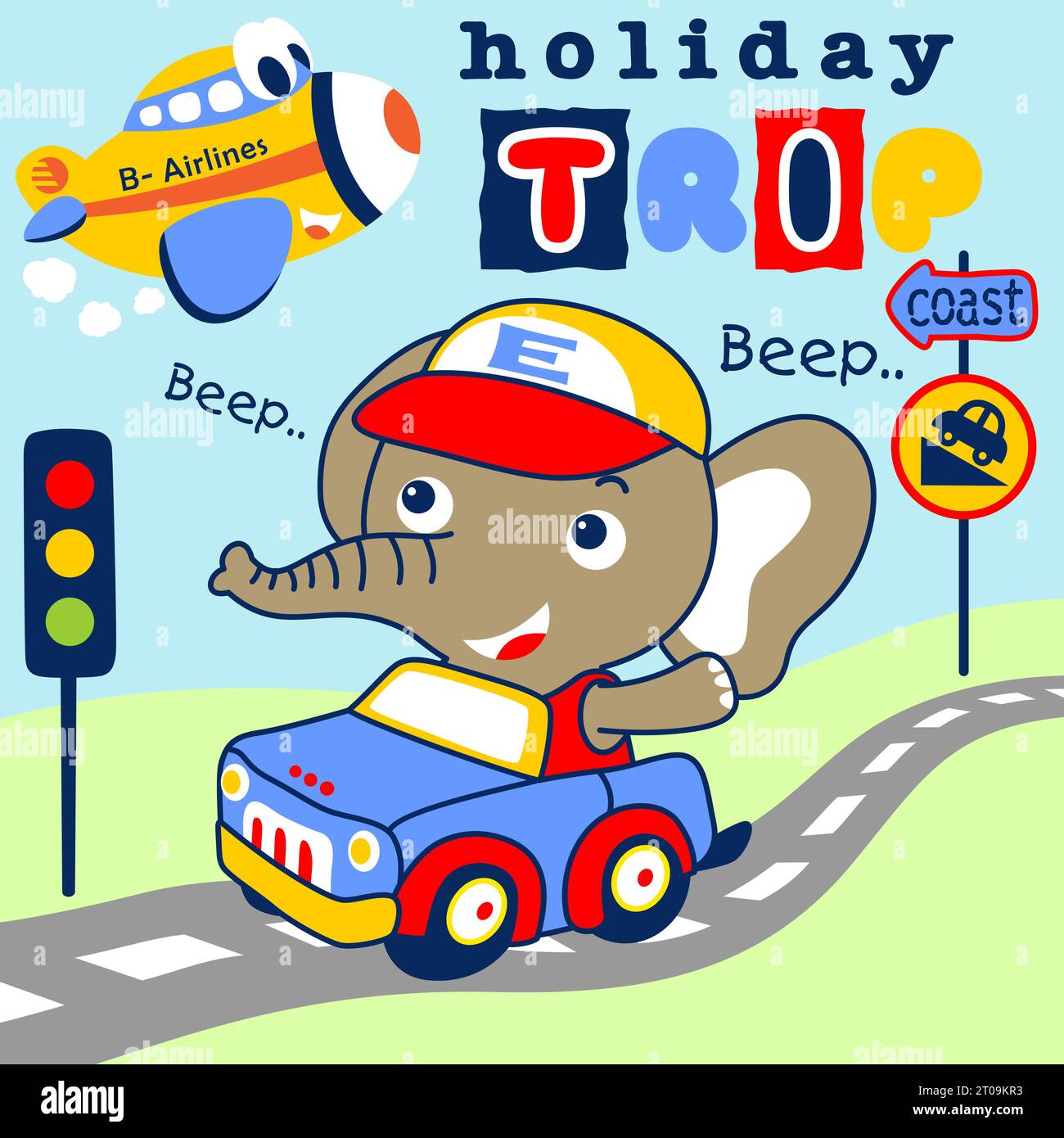 Cute elephants driving car in the road with traffic sign, funny ...