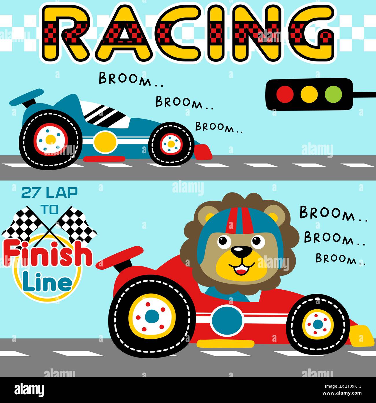 Cute lion on racing car, race car championship elements, vector cartoon ...