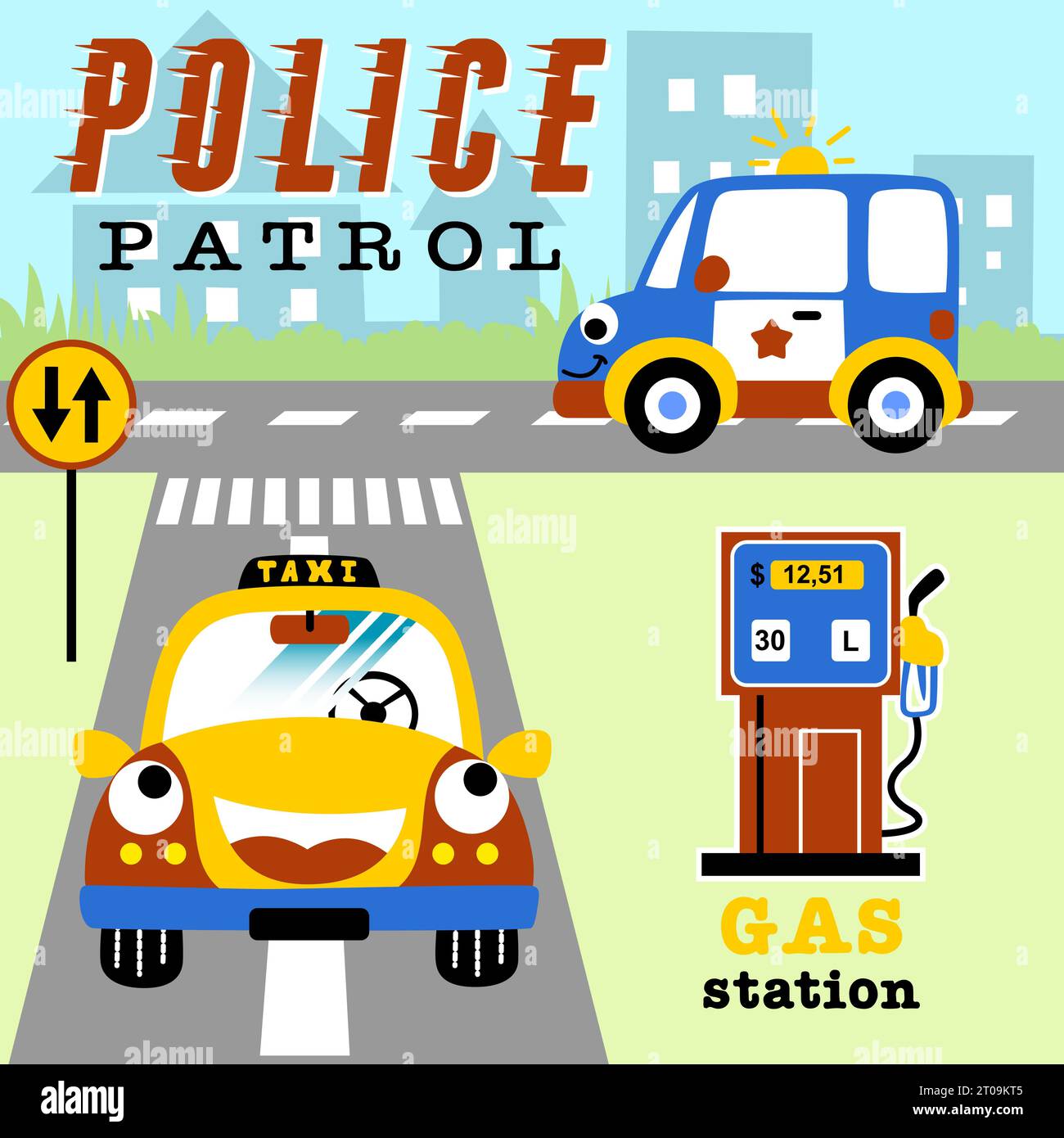 Funny cars in city road, city traffic elements, vector cartoon ...