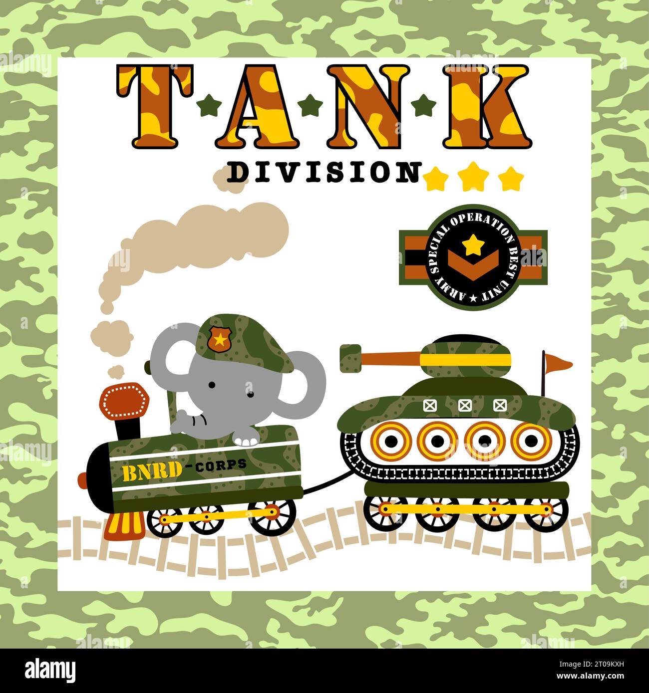 Cute elephant driving military steam train pulling tank vehicle on ...