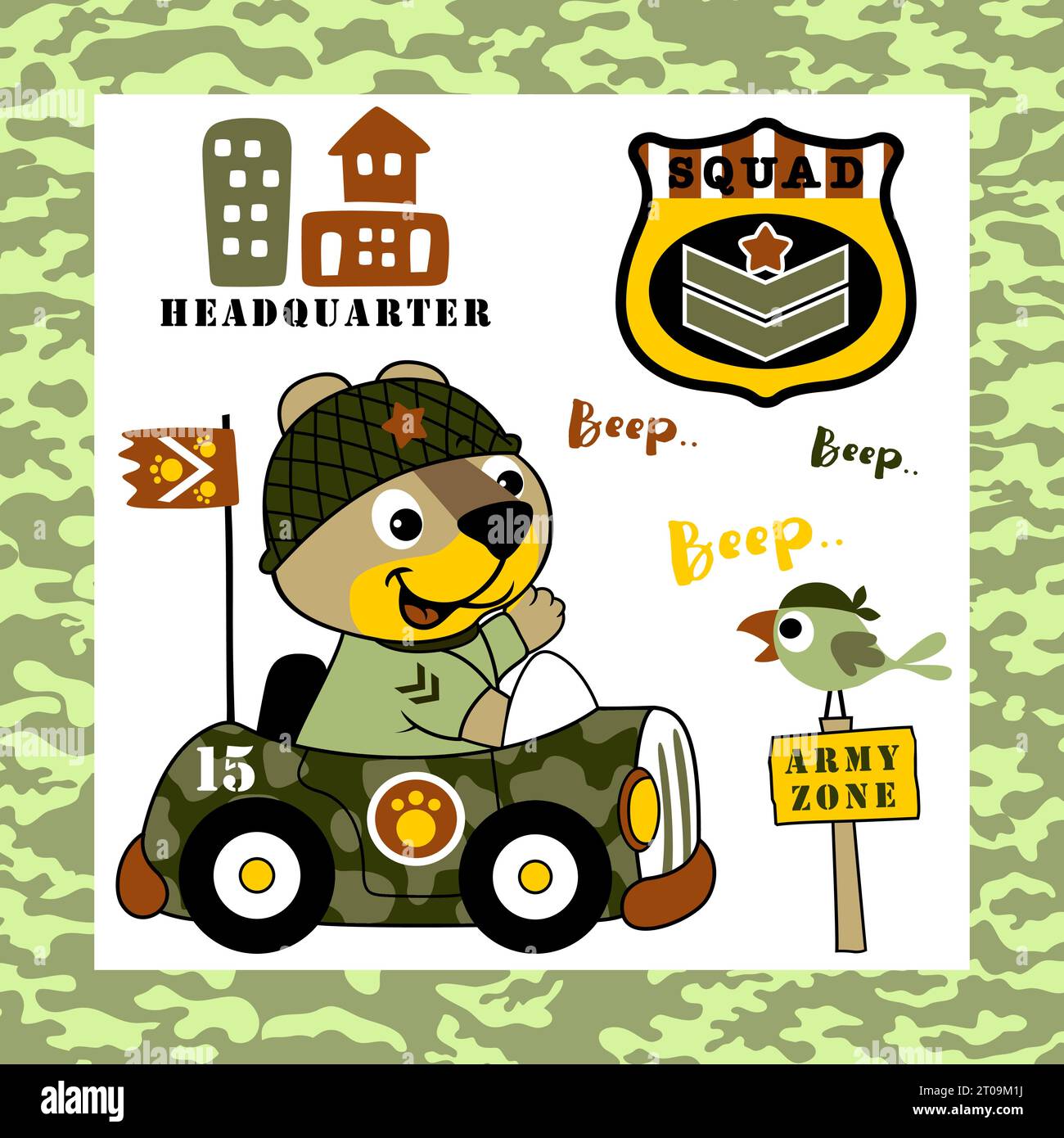 Cute cat driving military vehicle with little bird on camouflage frame ...