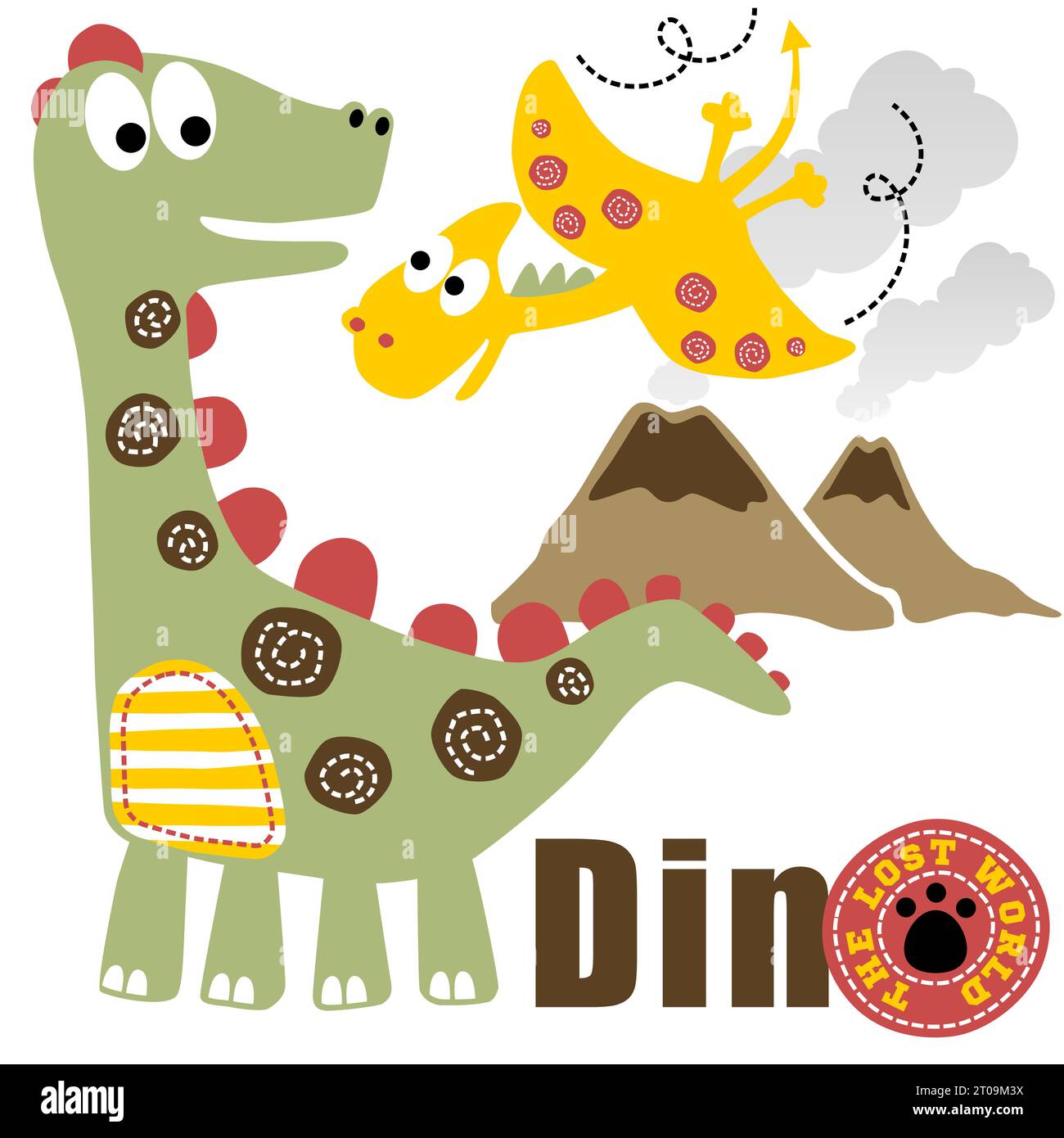 Funny dinosaurs on volcanoes background, kids t shirt design, vector ...