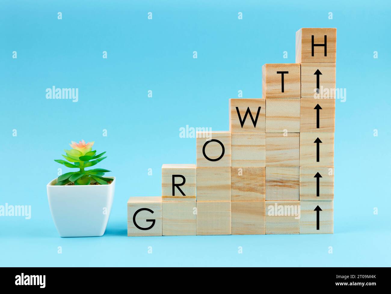 GROWTH word on wood cubes stacking as step up and plant pot on blue ...
