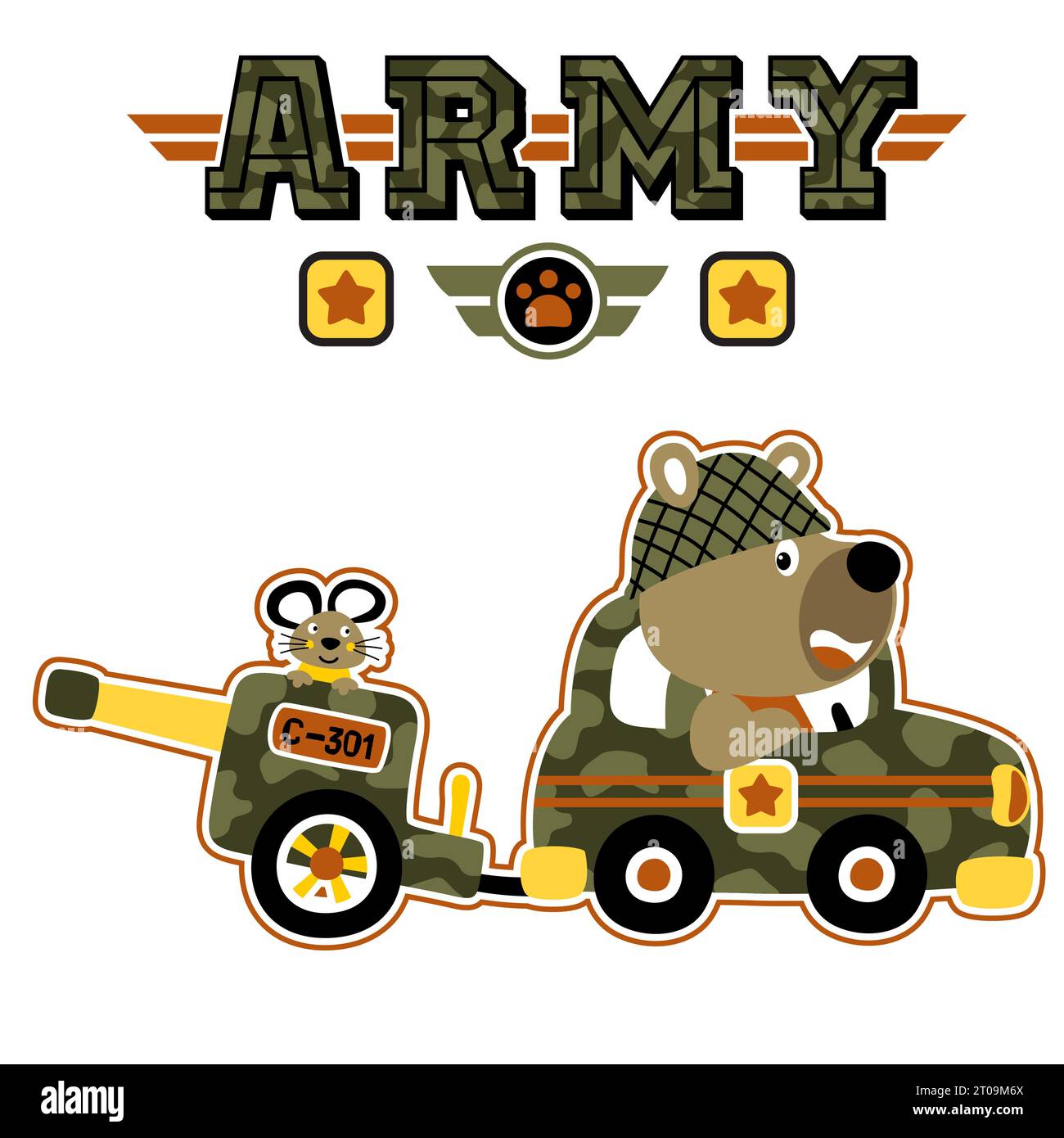 Funny bear with mice on military vehicle, military elements, vector ...