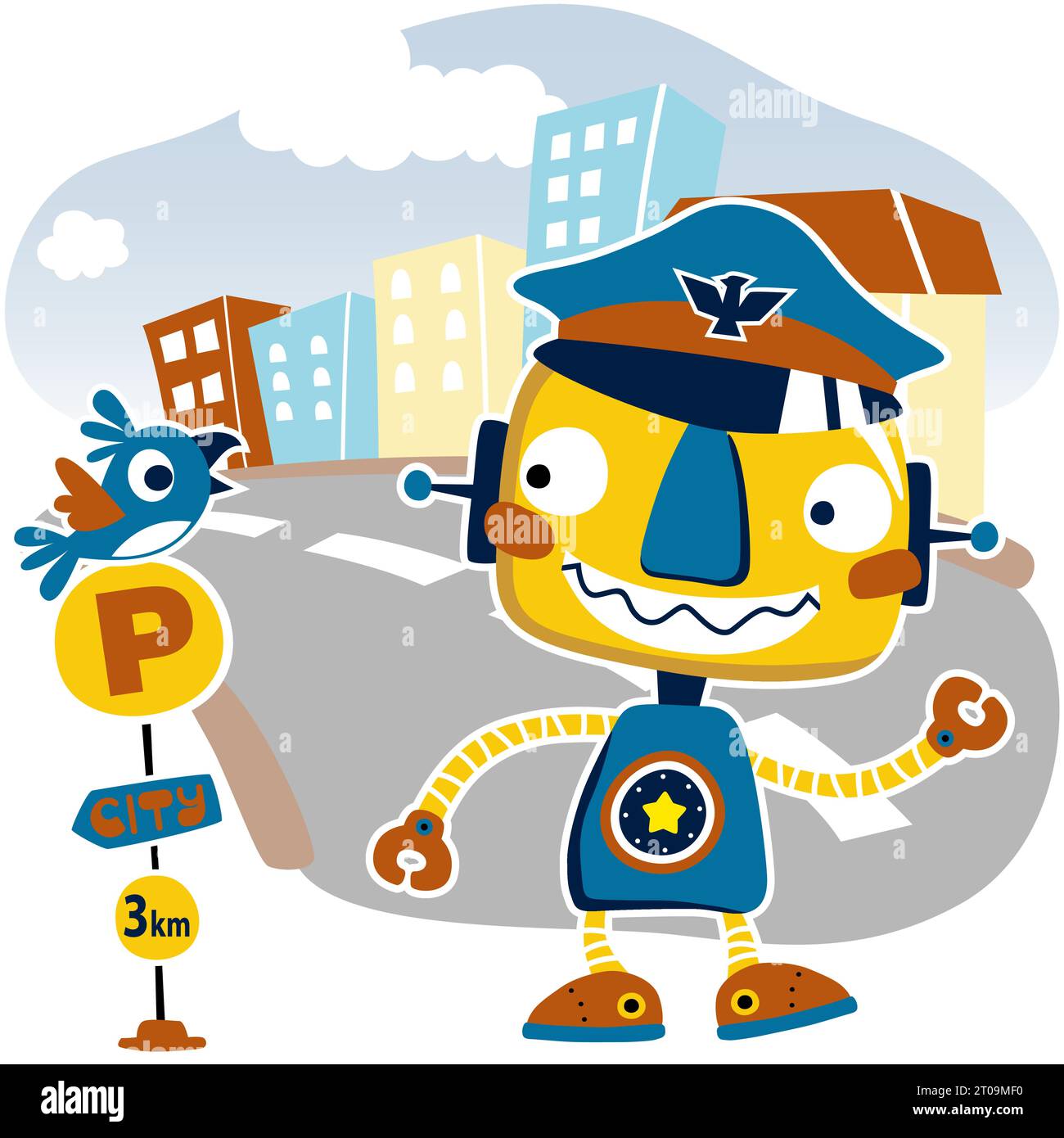 Funny robot the traffic cop with a bird in the city road, vector ...