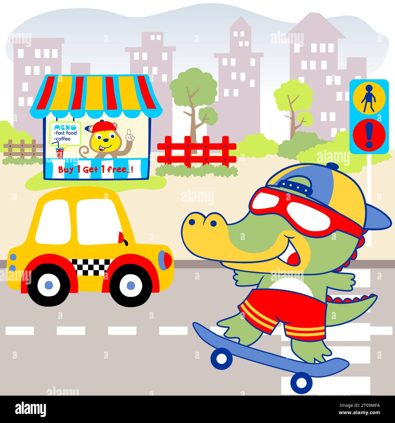 Little crocodile playing skateboard in city road, city life elements ...