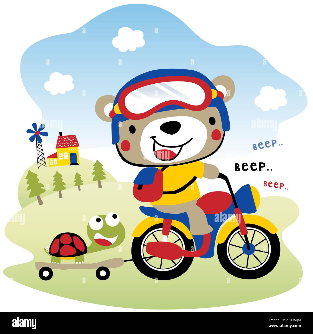Cute bear riding motorcycle pulling turtle with skateboard on rural ...