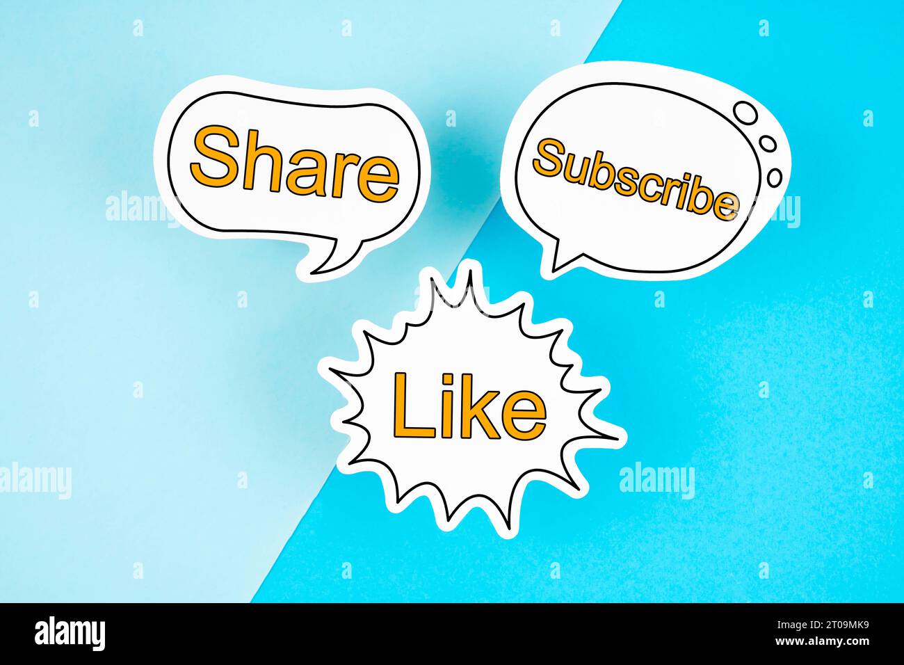 Like, Subscribe and Share text on speech bubble on the blue color ...